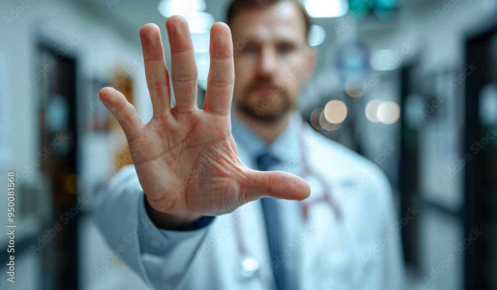 A doctor is holding up his hand to stop something. Concept of authority ...