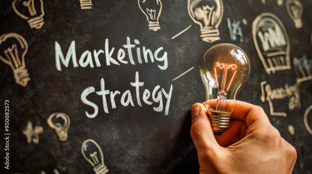 A hand holding a light bulb next to marketing strategy notes on a ...