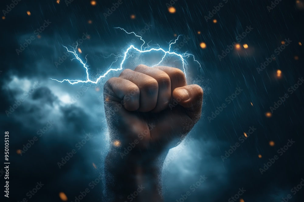 A photo of a fist gripping a bolt of lightning. The lightning is bright ...