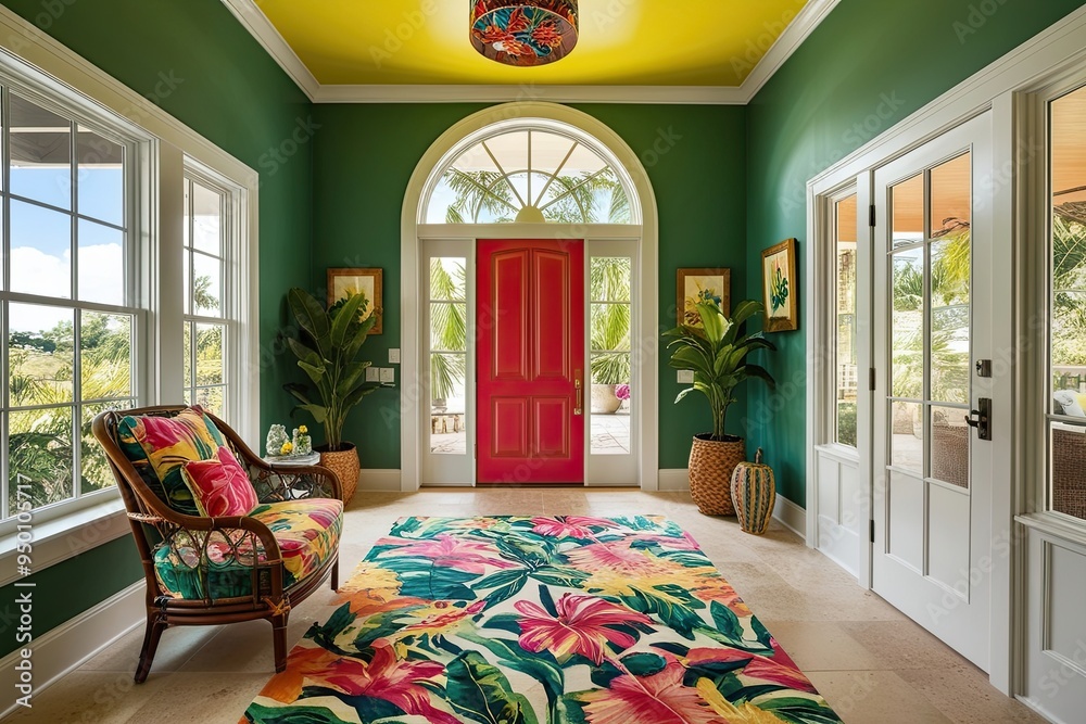 Vibrant Tropical Interior Design of a Sunny Family's Foyer with Bay ...
