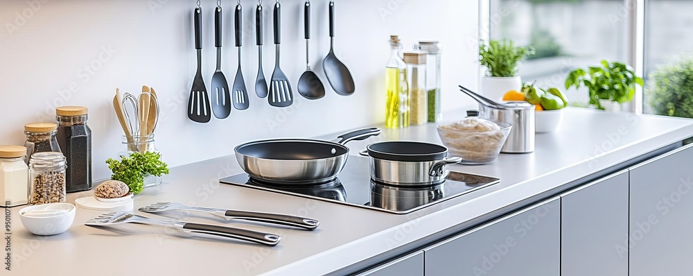 Heat resistant cooking tools on a modern kitchen island, durable and ...