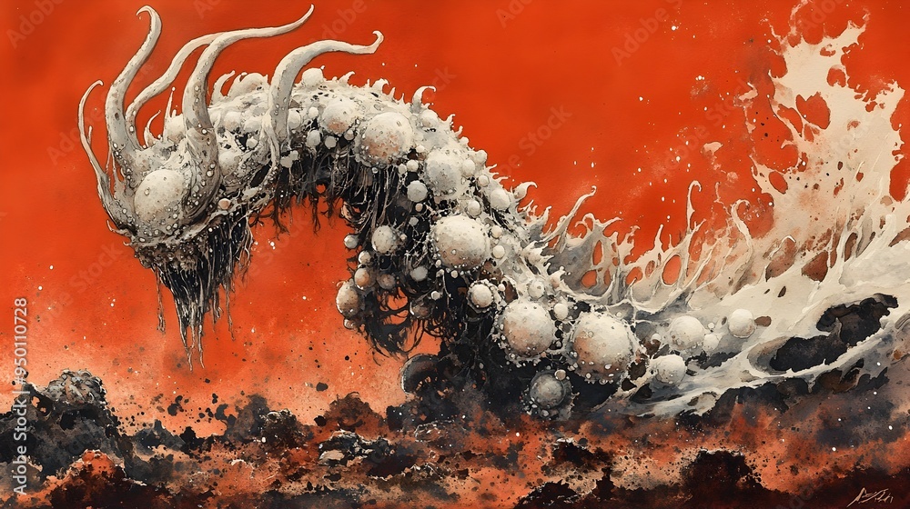 Barnacle-Encrusted Beast Emerging from Shipwreck in Crimson Watercolor ... Barnacle-Encrusted Beast Emerging from Shipwreck in Crimson Watercolor ...