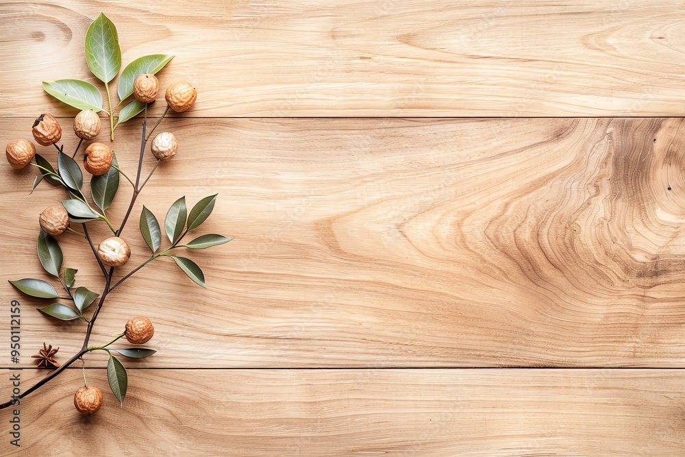 Elegant wooden background with a branch featuring leaves and fruit ...