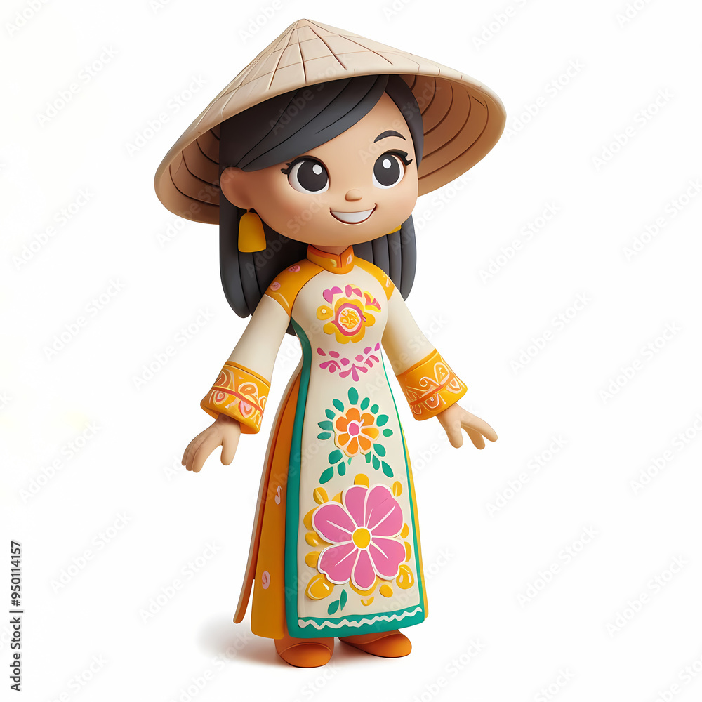 Vietnamese Girl Character in Traditional Ao Dai Dress with Non La Hat ...