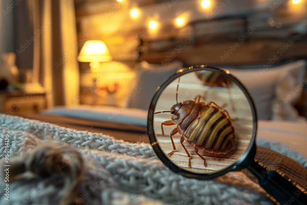 Bed bugs under a magnifying glass, with a bed and bedroom in the ...
