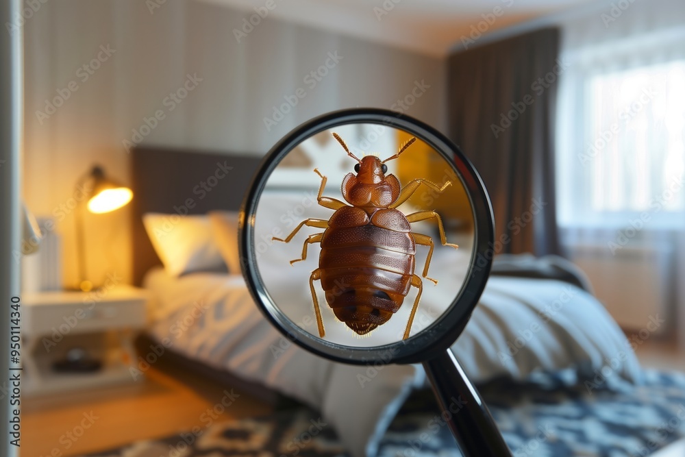 Bed bugs under a magnifying glass, with a bed and bedroom in the ...
