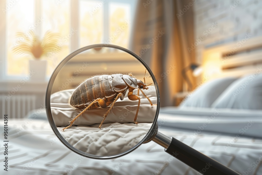 Bed bugs under a magnifying glass, with a bed and bedroom in the ...