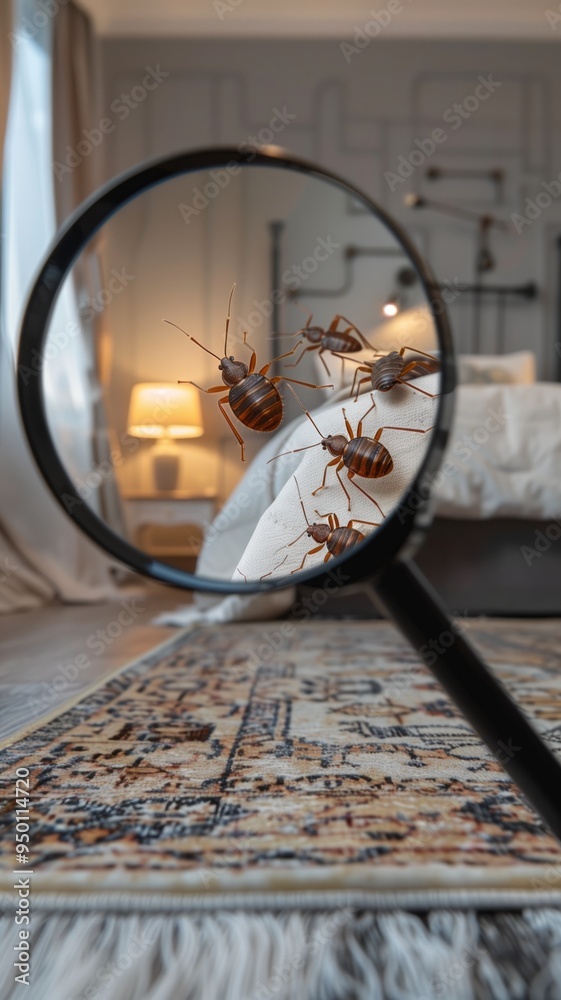 Bed bugs under a magnifying glass, with a bed and bedroom in the ... Bed bugs under a magnifying glass, with a bed and bedroom in the ...