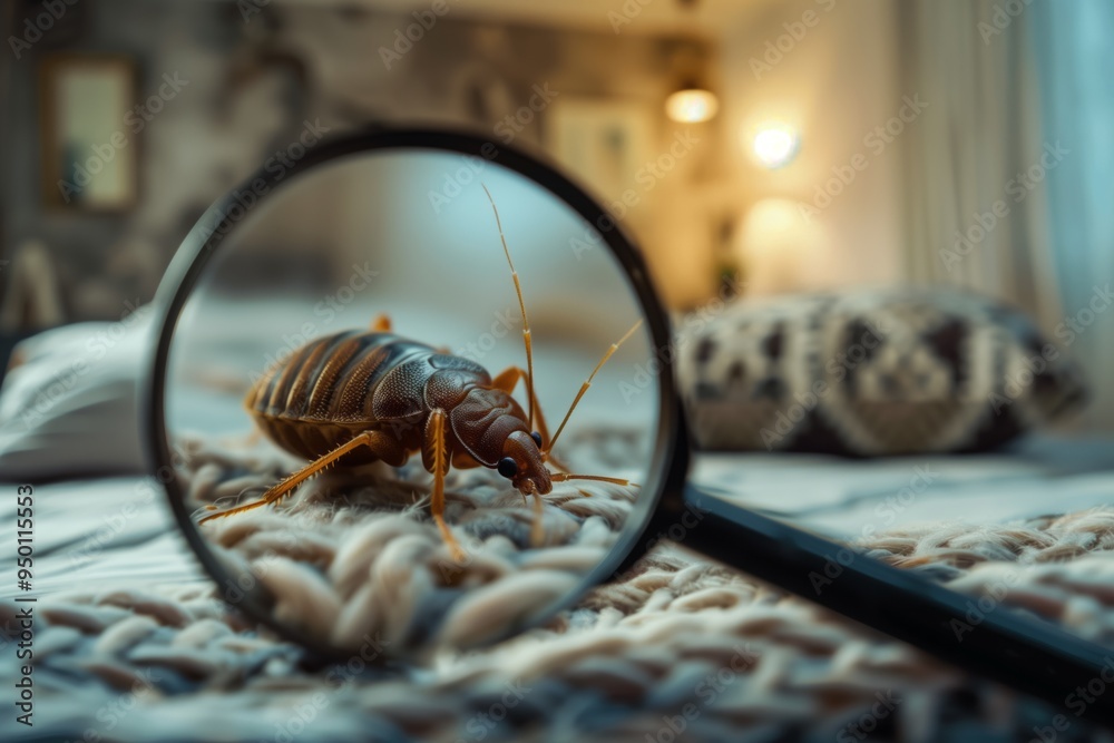 Bed bugs under a magnifying glass, with a bed and bedroom in the ...