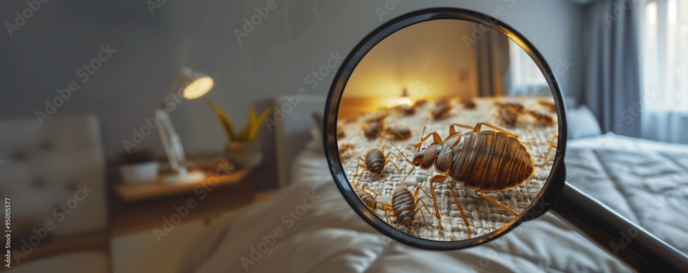 Bed bugs under a magnifying glass, with a bed and bedroom in the ...