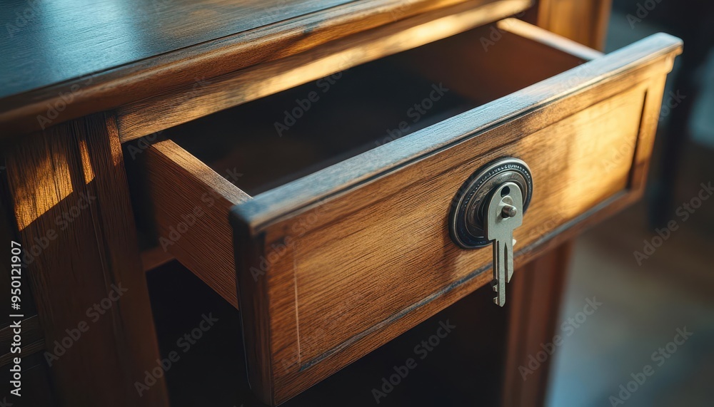 Desk drawer with a lock and key, slightly open, revealing contents ...
