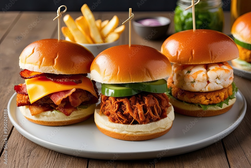 Gourmet Sliders Trio: Cheddar Cheese & Bacon, Spiced Pulled Pork, Crab ...