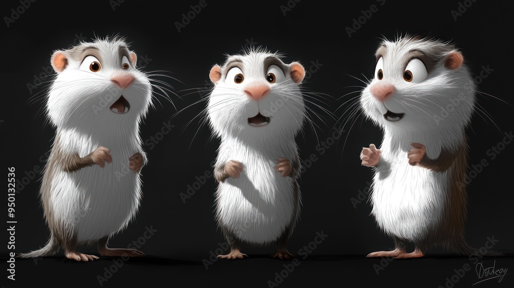 Three animated hamsters displaying various expressions in a playful ...