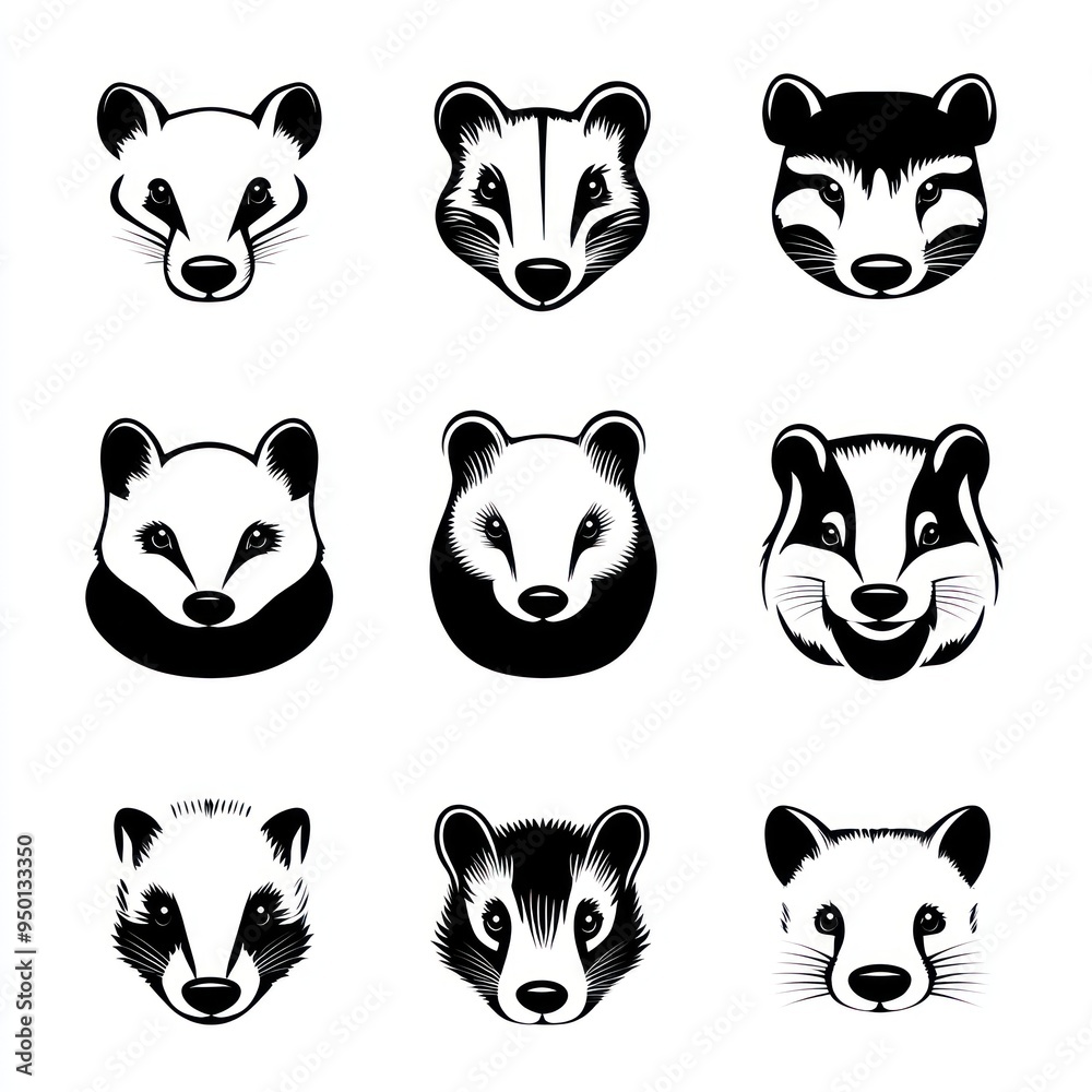 Gambar sembilan wajah hewan, termasuk musang dan beruang, dalam gaya ...
