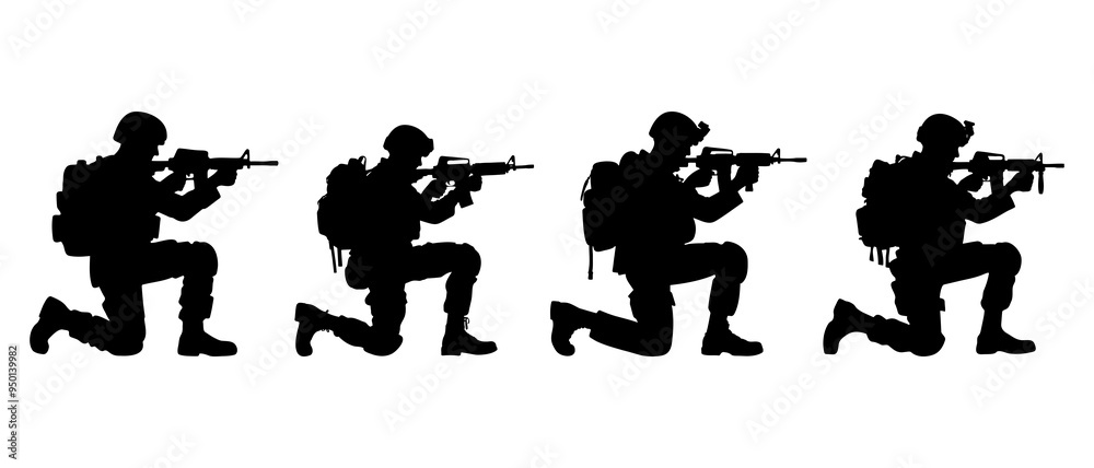 kneeling position firing male and female soldier silhouette black ...