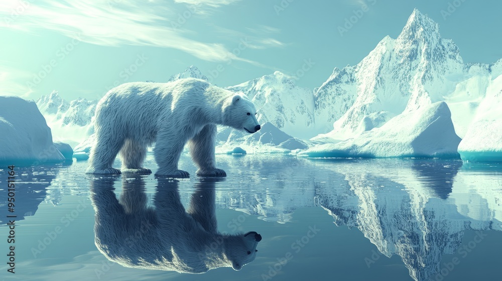 Polar bear faces dwindling habitat due to global warming, symbolized by ...