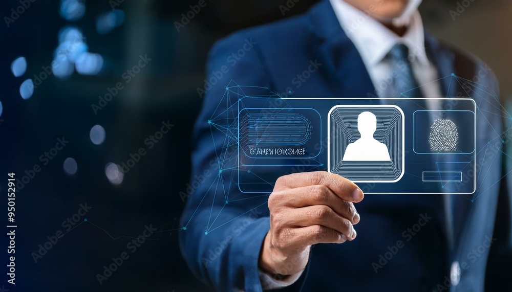 Businessman holding a digital identity card or ID on a virtual screen ...