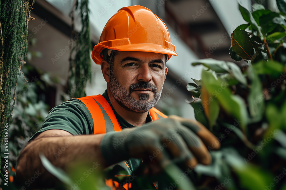 Landscaping worker wearing an orange safety vest and an orange helmet ...