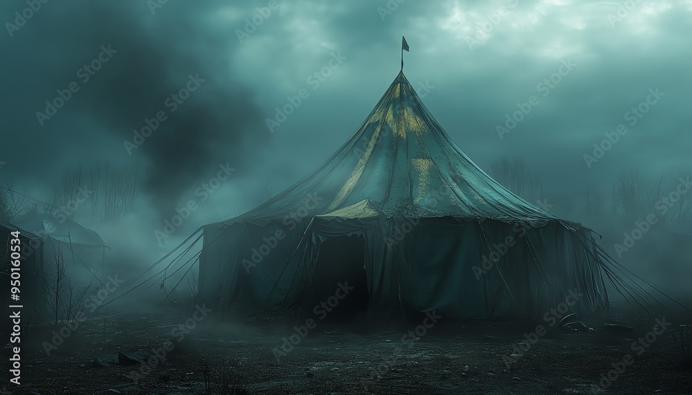 Creepy abandoned circus tent, dark and torn fabric, eerie fog, shadowy ...