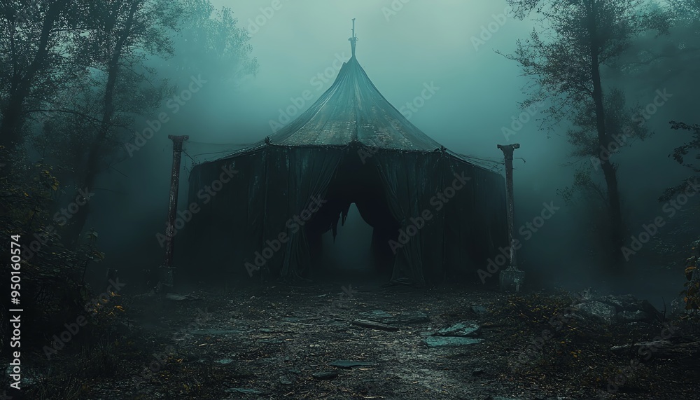 Creepy abandoned circus tent, dark and torn fabric, eerie fog, shadowy ...