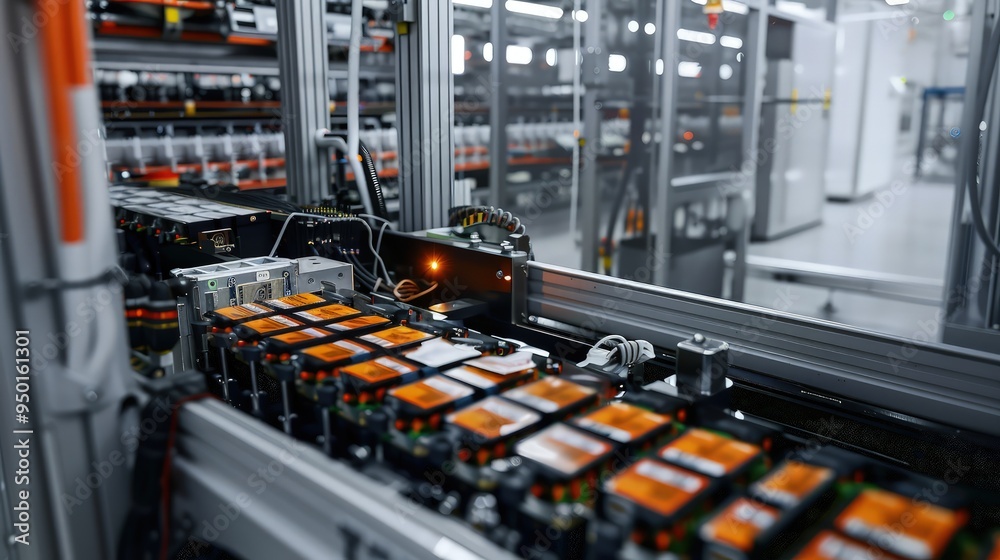 An intimate view of an assembly line corner where battery cells are ...