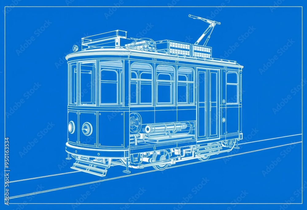 Blueprint Tram A technical drawing of a tram showing its interna Stock ...