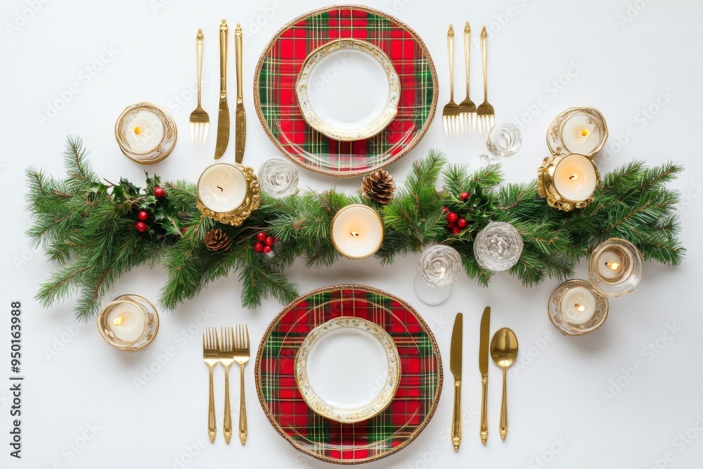 traditional christmas table setting on a white background, flat lay ...