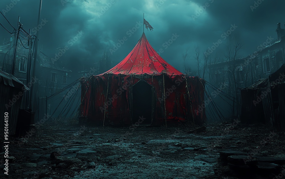 Horror abandoned circus tent with torn fabric, eerie lighting, shadowy ...