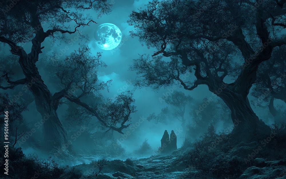 Horror forest at twilight, twisted trees, ghostly figures in the mist ...