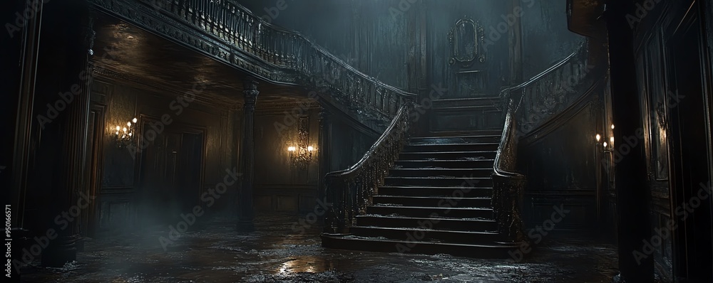 Scary old mansion with creaking floors, dark and dusty rooms, eerie ...