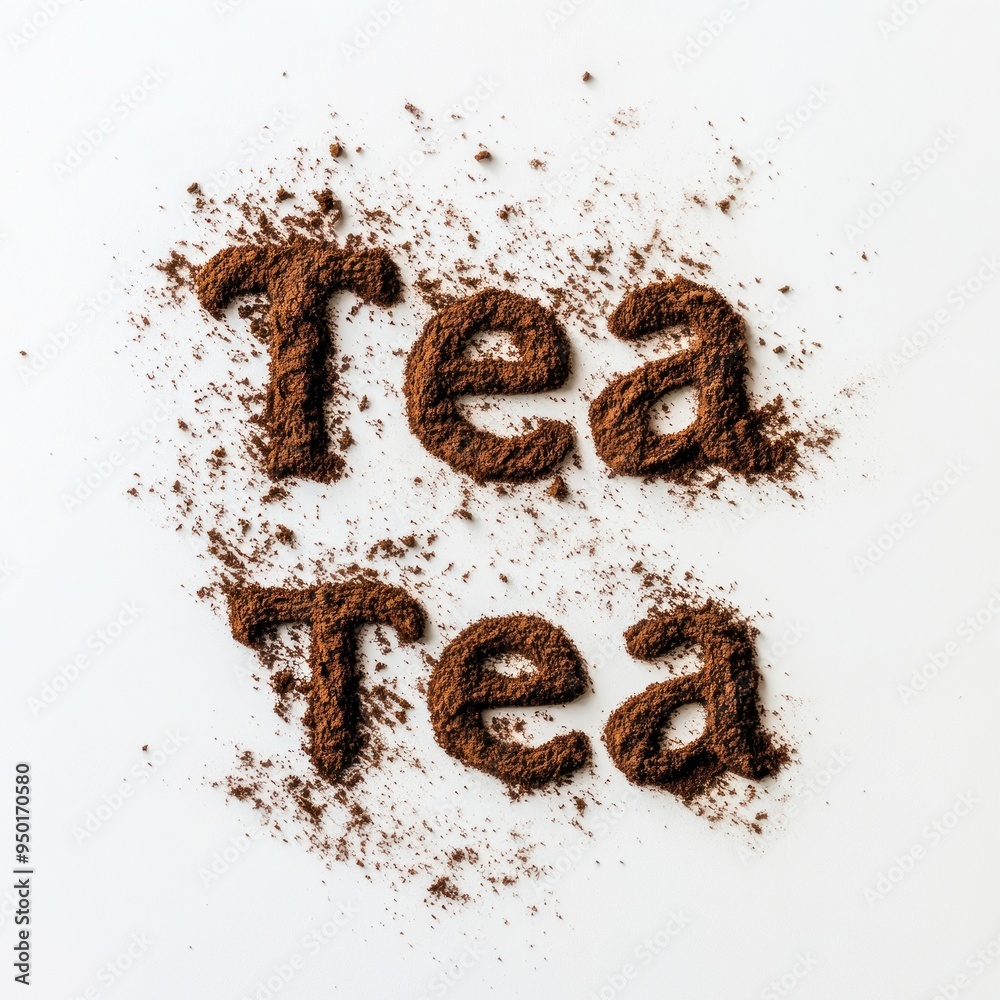Loose tea leaves spelling out the word "tea" three times on a white ...