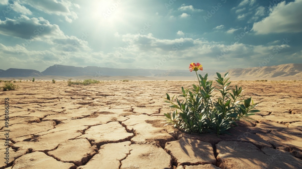 Drought-stricken desert with cracked earth resilient plant life under a ...