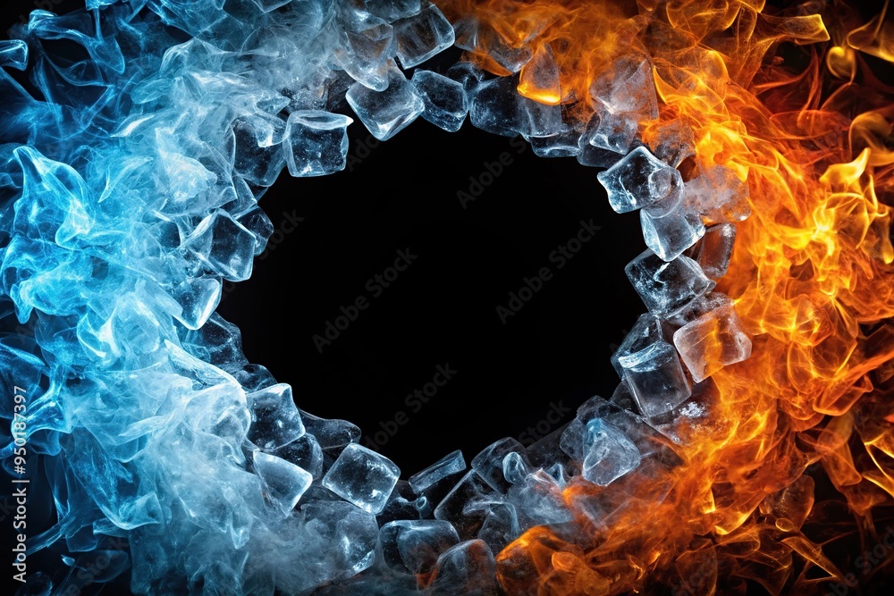 Abstract ice and fire circling frame on a black background with ...