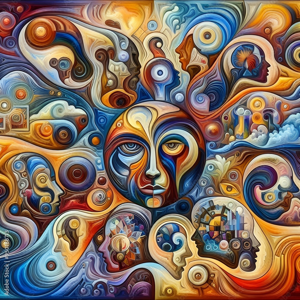 Surreal depiction of a chaotic mind, blending vibrant colors and ...