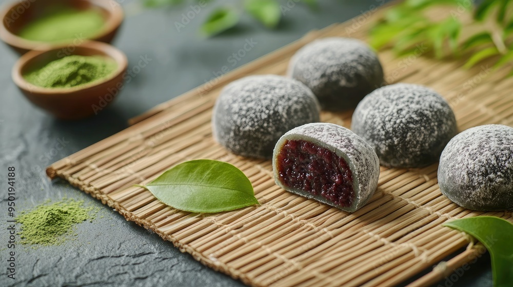 Japanese Daifuku mochi with red bean filling, served on a tatami mat ...