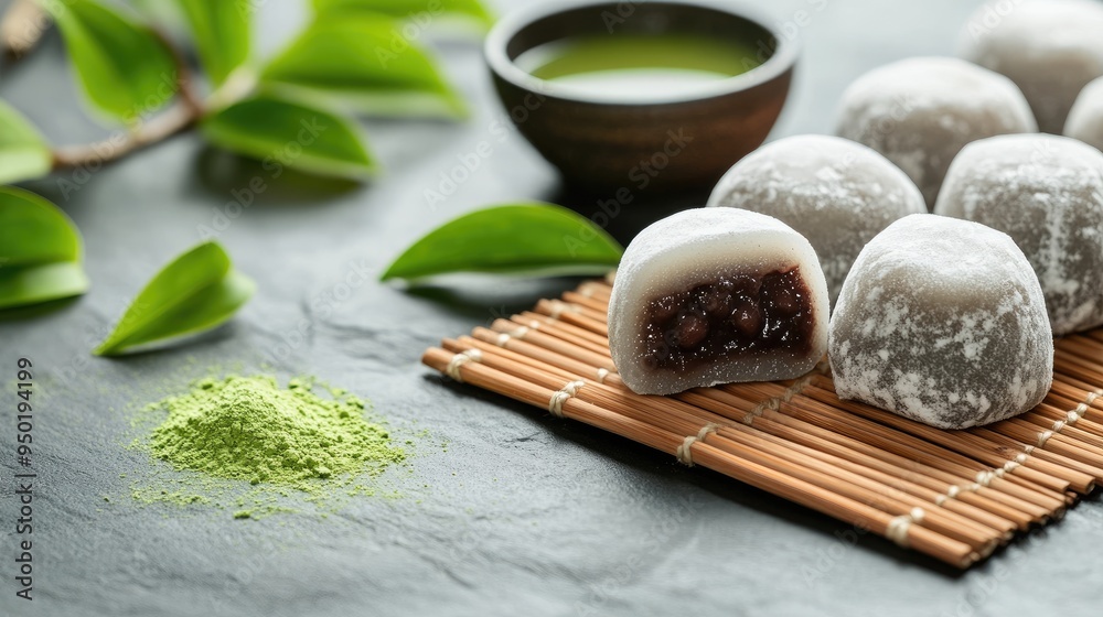 Japanese Daifuku mochi with red bean filling, served on a tatami mat ...