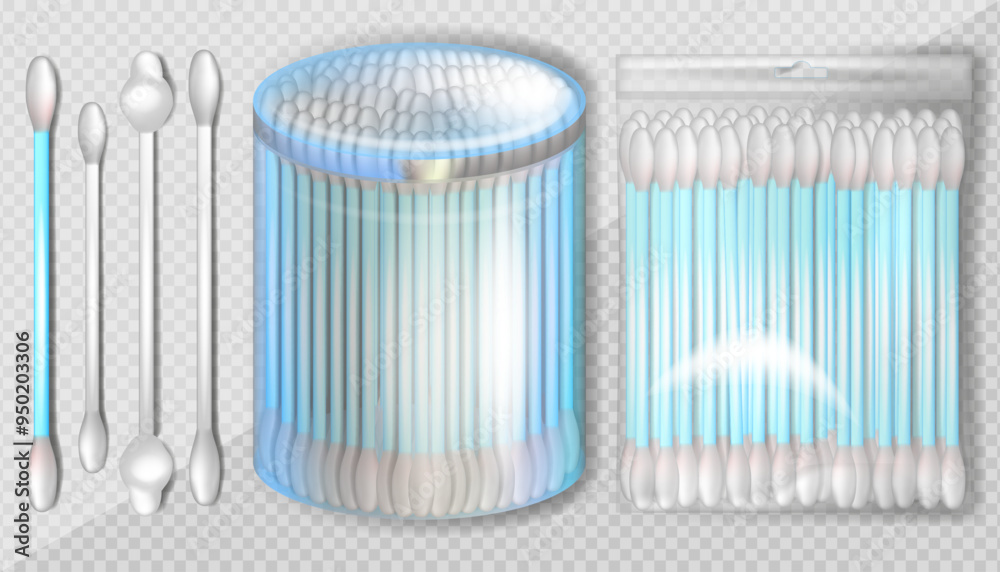 Realistic vector illustration of the cotton buds plastic container and ...