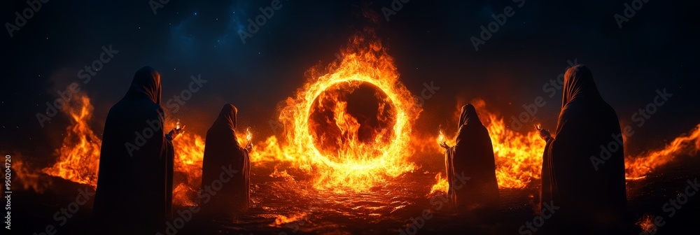 Five figures in hooded cloaks gather around a fiery ring, symbolizing a ...