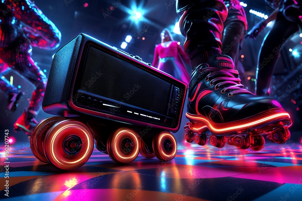 80s style dance floor scene with a boombox and roller skates ...