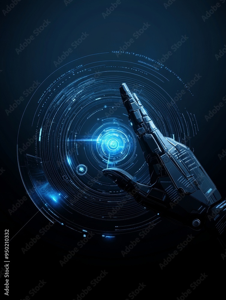 A robotic hand reaches out to touch a glowing blue digital interface ...
