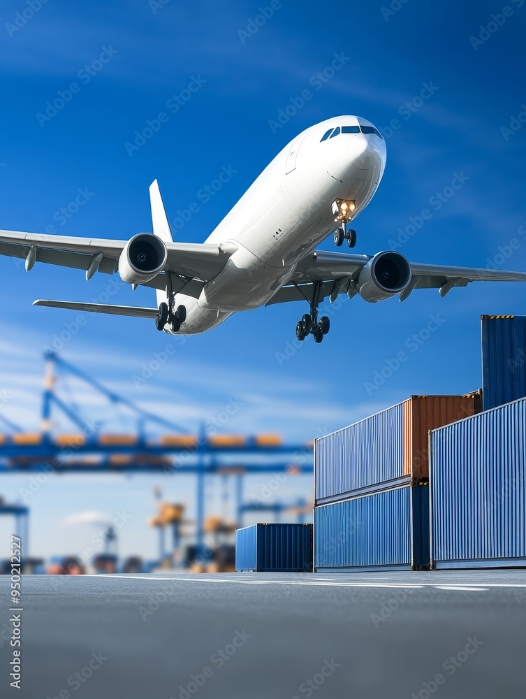 An airplane is flying over a row of shipping containers at a port. This ...