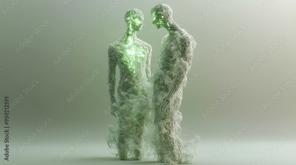 Abstract Connection: Two ethereal figures, rendered in swirling, translucent smoke, face each ...