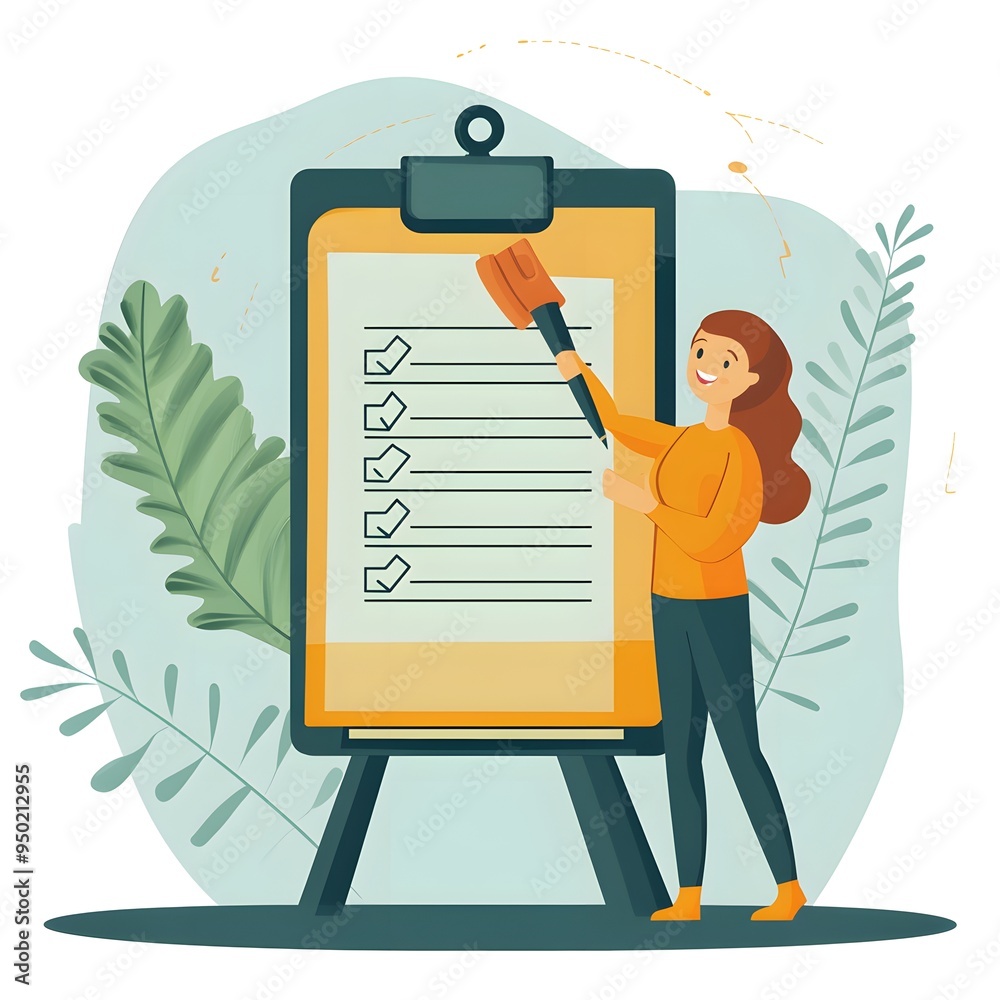 Checking Off Success: A cheerful woman marks completed tasks on a giant ...