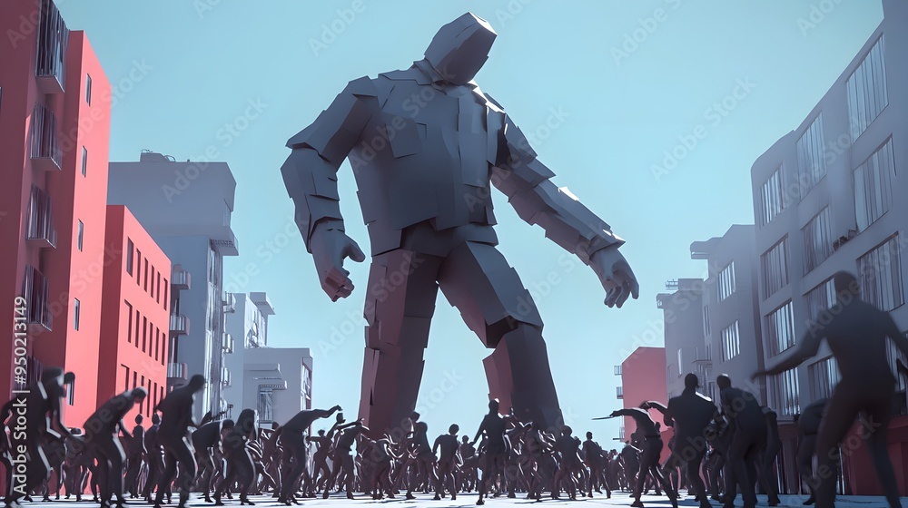 Giant Robot vs. Zombie Horde: A colossal robot, rendered in a low-poly ...