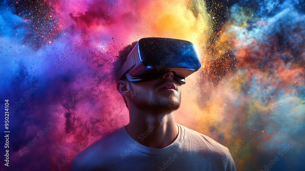 Head shot, photorealistic of young man is wearing VR glasses show ...