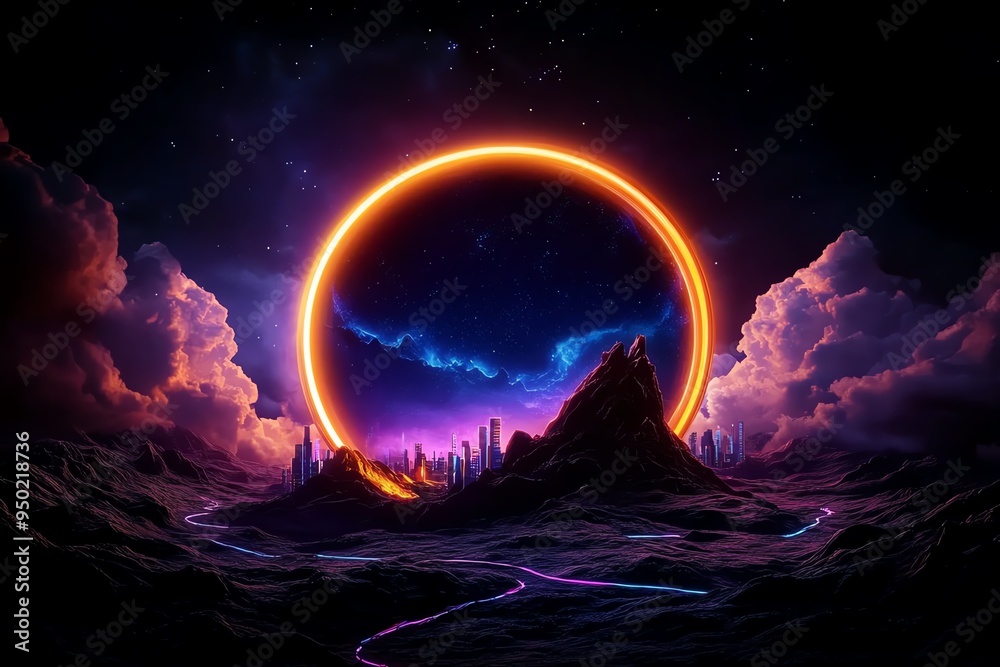 80s style synthwave album cover with neon lights and a futuristic ...