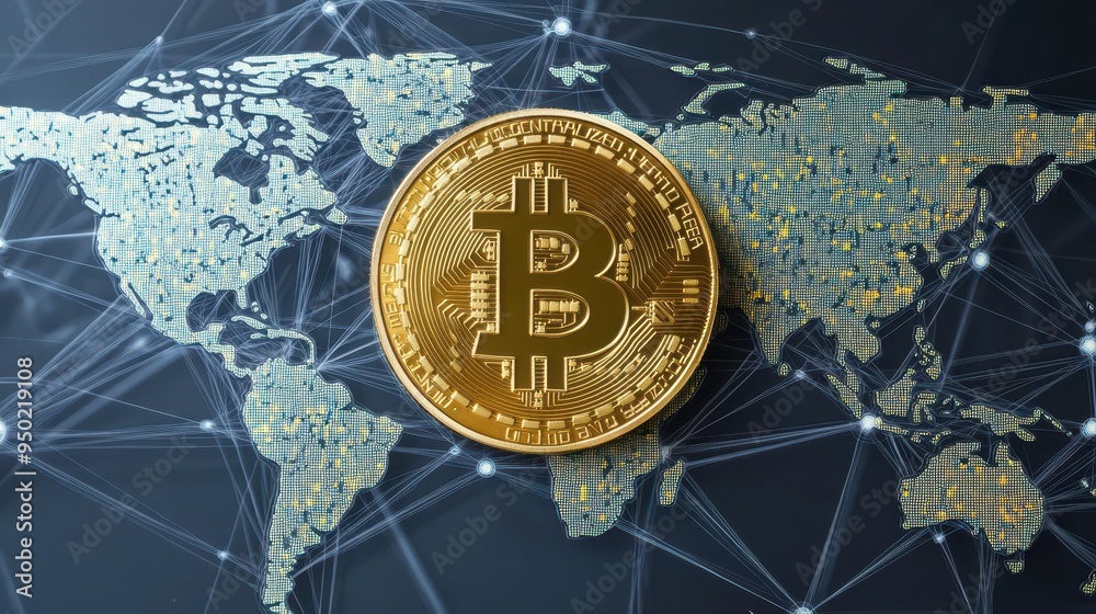 Bitcoin symbol overlaid on a world map with interconnected nodes ...