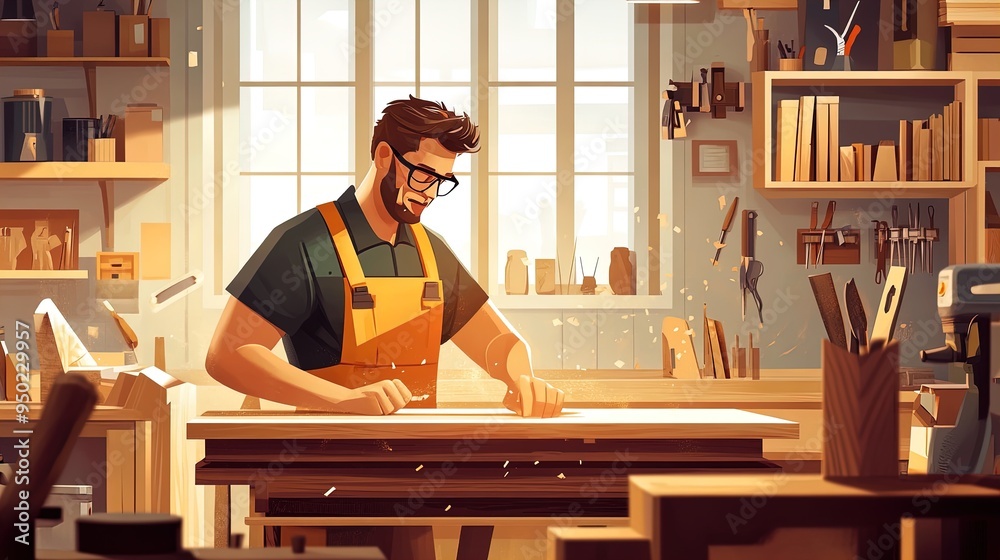Crafting Serenity: A Carpenter Shaping Wood in a Cozy Workshop ...