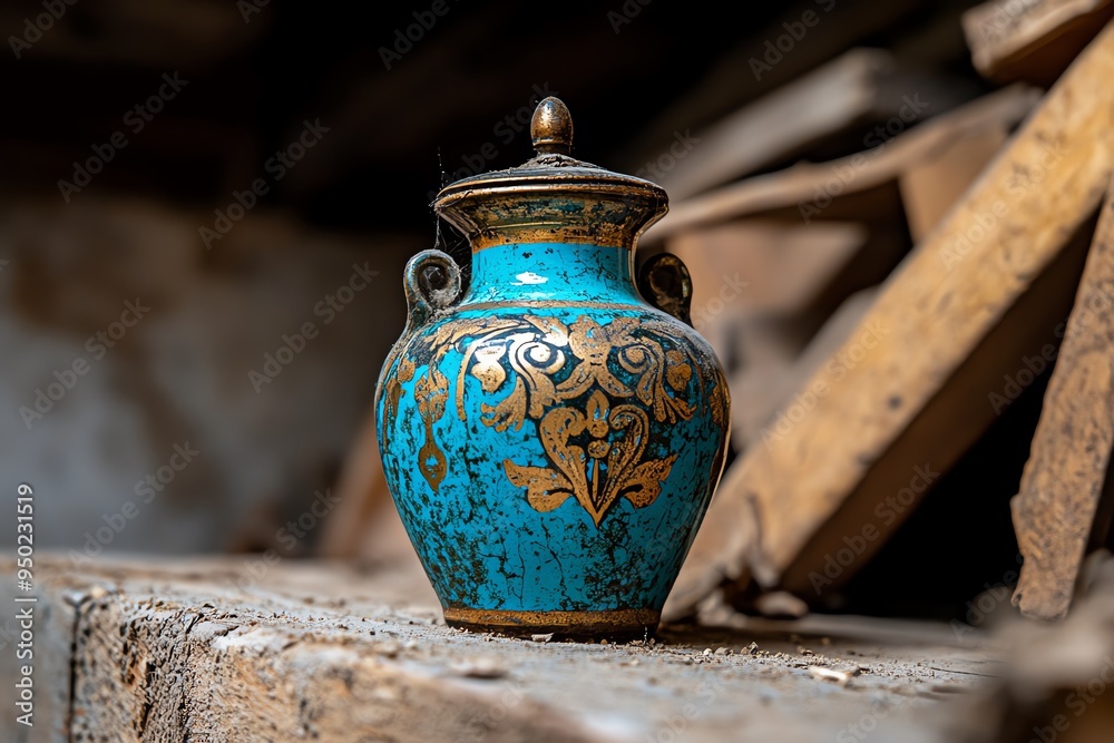 Antiques in a forgotten attic, illustrated with objects covered in dust ...