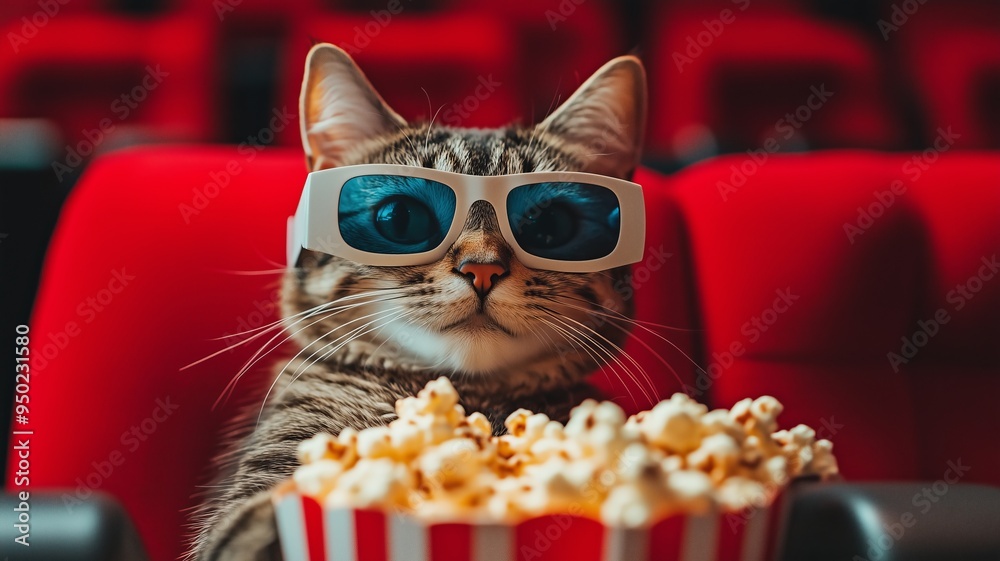 Cat in a movie theater, wearing 3D glasses and enjoying popcorn. The ...